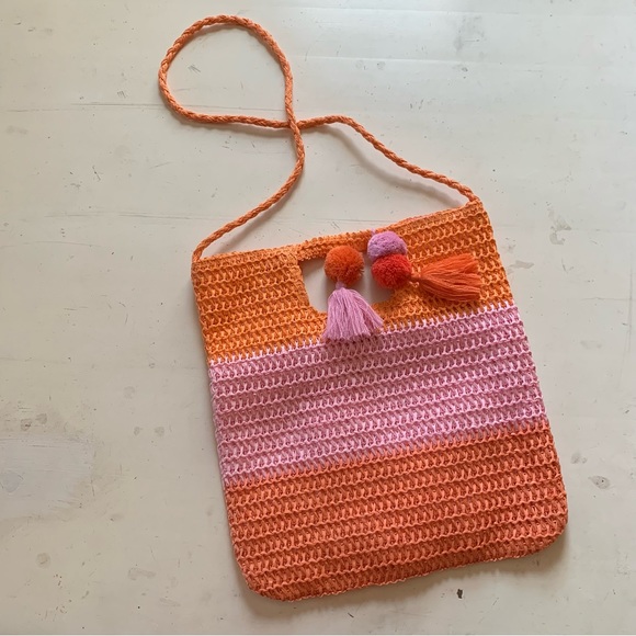Mud Pie | Bags | New Mud Pie Bright Orange And Pink Tassel Straw Tote ...